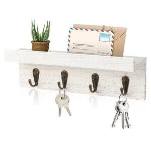 hronrad rustic key holder for wall, farmhouse wall shelf with 4 hooks, wall mounted key racks, wooden mail organizer with hooks for entryway (white)