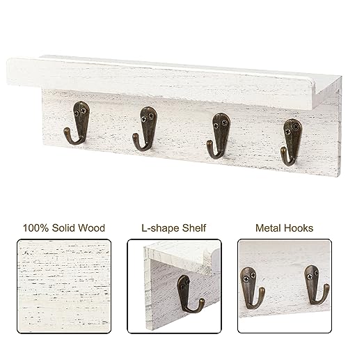 HRONRAD Rustic Key Holder for Wall, Farmhouse Wall Shelf with 4 Hooks, Wall Mounted Key Racks, Wooden Mail Organizer with Hooks for Entryway (White)