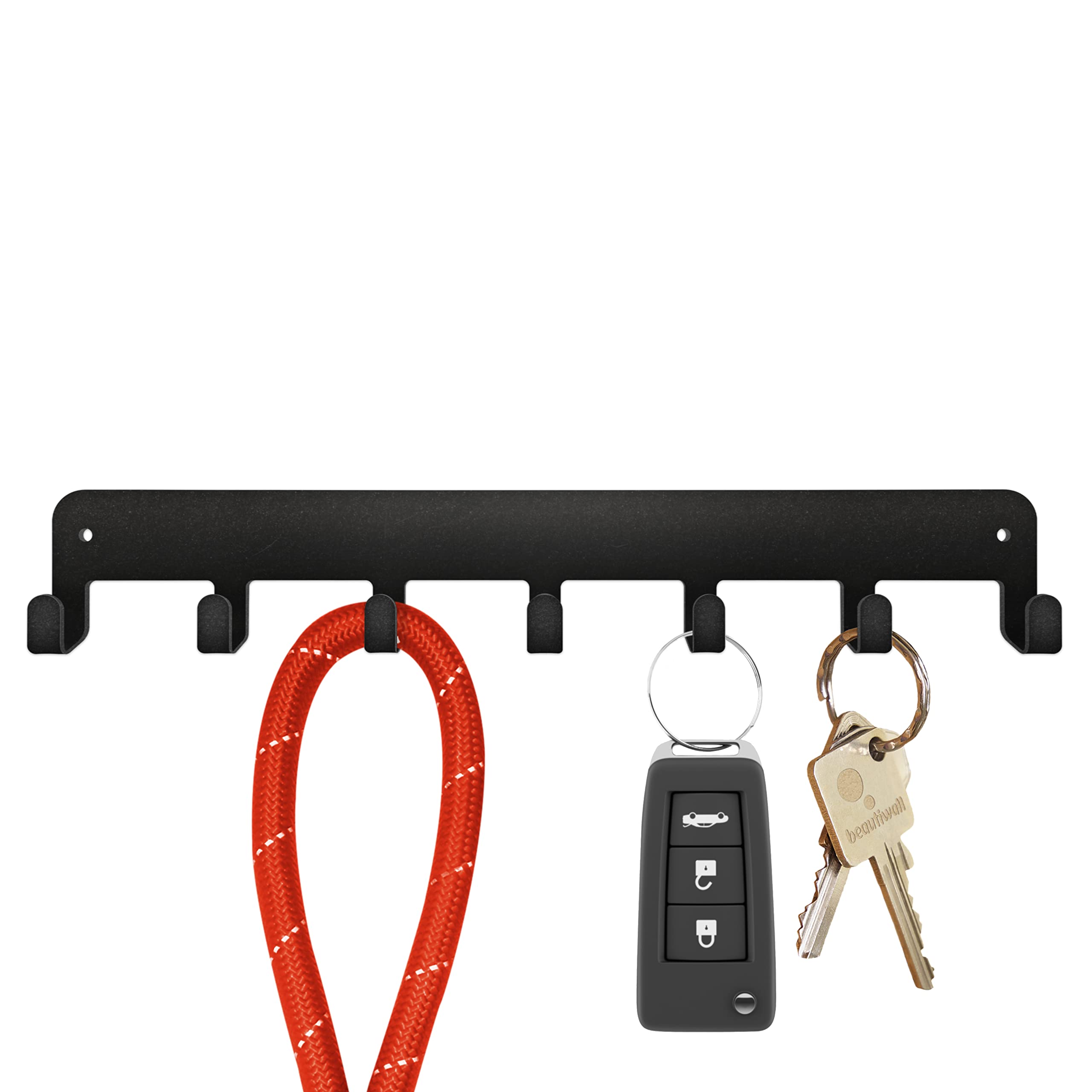 Beautiwall Key Holder Steel Metal Wall Key Hanger with Hooks for car, Apartment, Storage, Keys Black. Adhesive tape included.