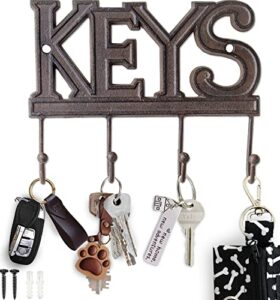 comfify key holder for wall - decorative farmhouse rustic wall mount key organizer with 4 hooks - vintage cast iron key rack with screws and anchors – 6x8” - brown