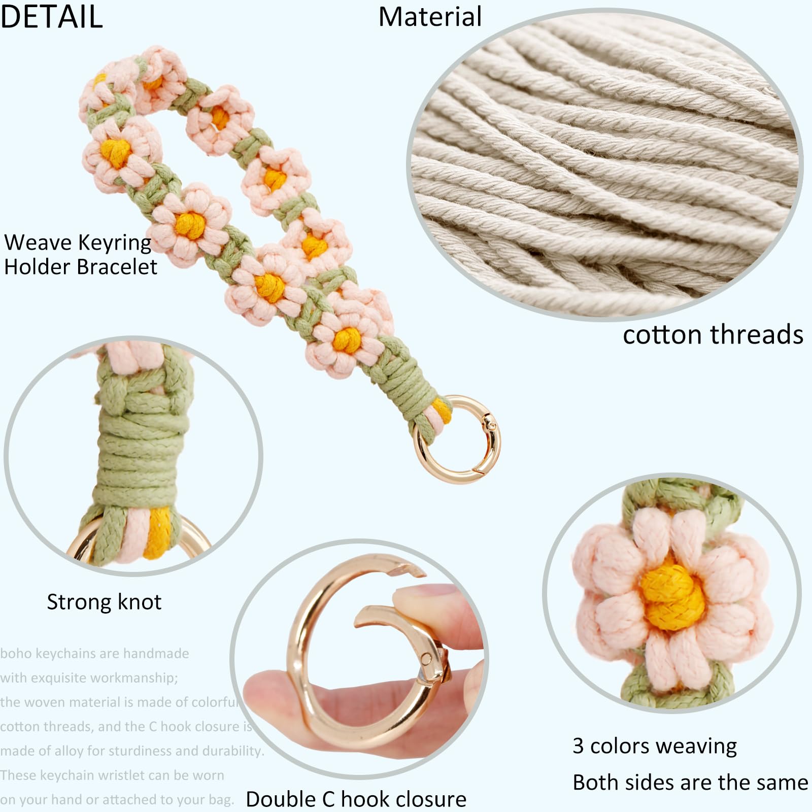 BIHRTC Boho Macrame Keychain Macrame Handmade Bracelet Keyring Wrist Lanyard Leather Cards Wallet Lipstick Holder Cute Flower Keychain Rural Style Bracelet Key Chain for Women