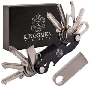 kingsmen compact smart key organizer keychain – premium carbon fiber key holder for keychain with keychain accessories (16 gb usb, multitool, key ring), attach car key holder & edc, 25 keys (black)