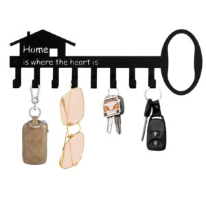 relbro key holder wall mount, black metal key shape key hanger wall decorative self adhesive key rack organizer with 8 key hooks for entryway hallway doorway garage 2 installation ways