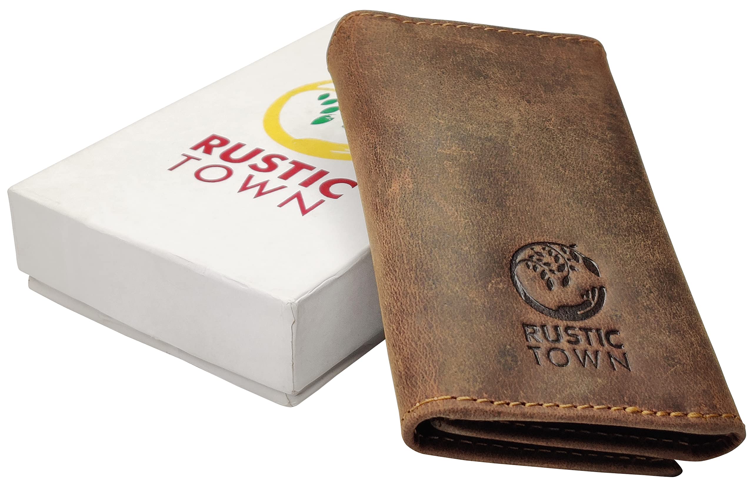 RUSTIC TOWN Slim Compact Leather Key Holder Wallet Pouch Gifts Him Her Men and Women (Brown)