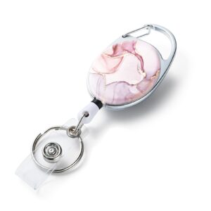 badge reels retractable，double sided color print pattern badge holders，with keychain, clip and key ring，durable nylon rope，pink marble