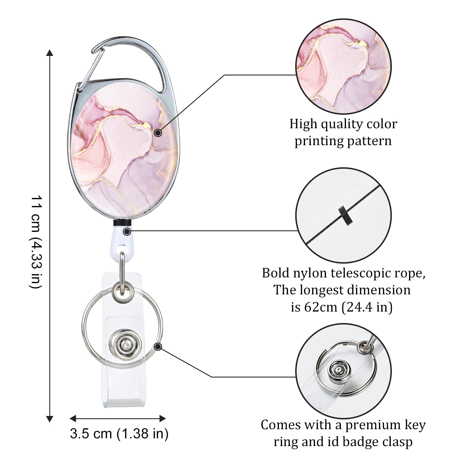 Badge Reels Retractable，Double Sided Color Print Pattern Badge Holders，with Keychain, Clip and Key Ring，Durable Nylon Rope，Pink Marble