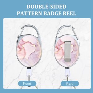 Badge Reels Retractable，Double Sided Color Print Pattern Badge Holders，with Keychain, Clip and Key Ring，Durable Nylon Rope，Pink Marble