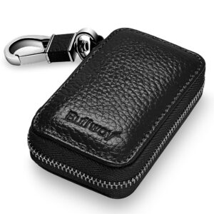 buffway car key case,genuine leather car key chain keychain holder metal hook and keyring zipper bag for remote key fob - black