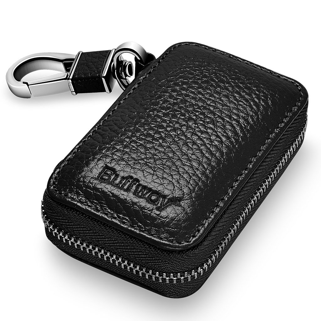 Buffway Car Key case,Genuine Leather Car Key Chain Keychain Holder Metal Hook and Keyring Zipper Bag for Remote Key Fob - Black