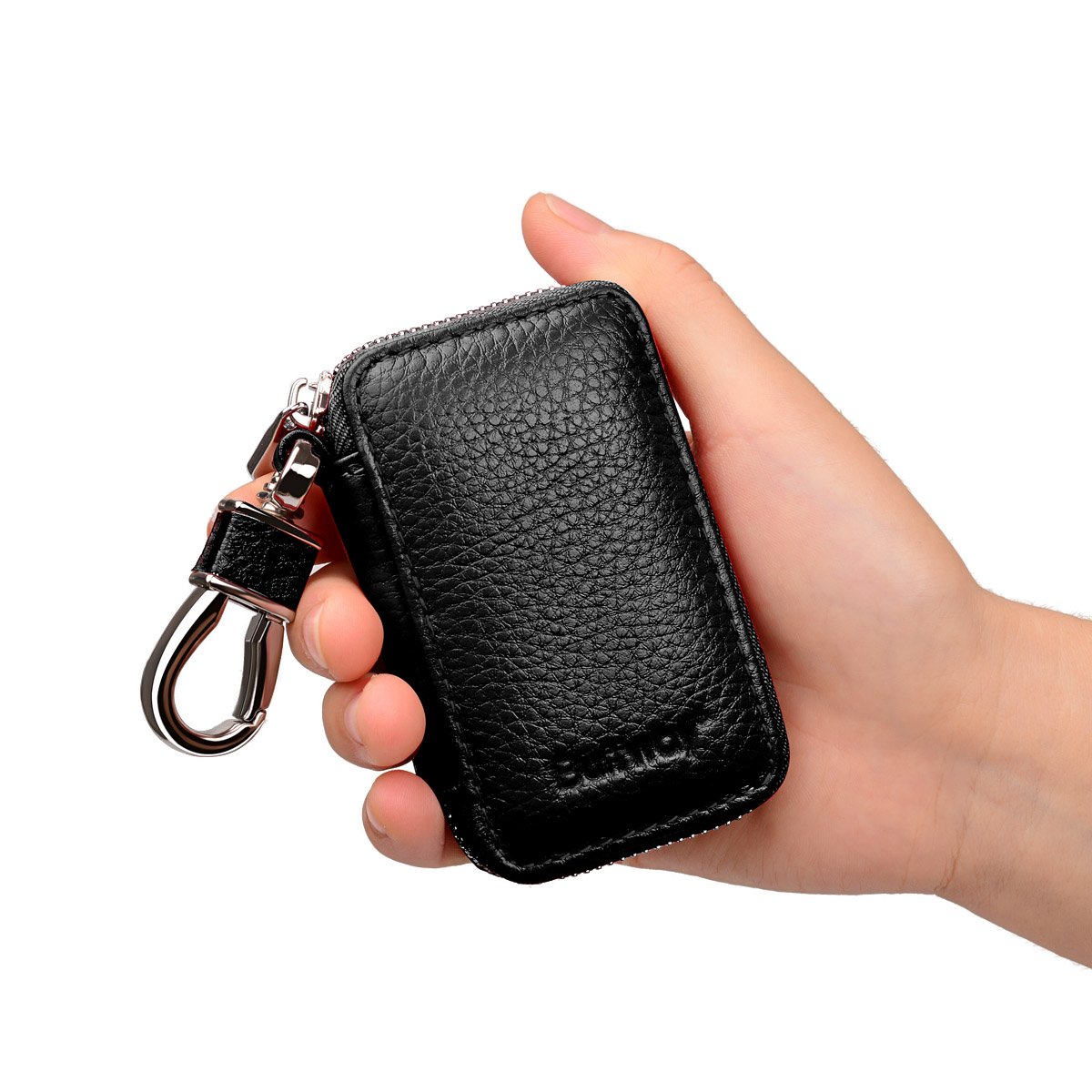 Buffway Car Key case,Genuine Leather Car Key Chain Keychain Holder Metal Hook and Keyring Zipper Bag for Remote Key Fob - Black