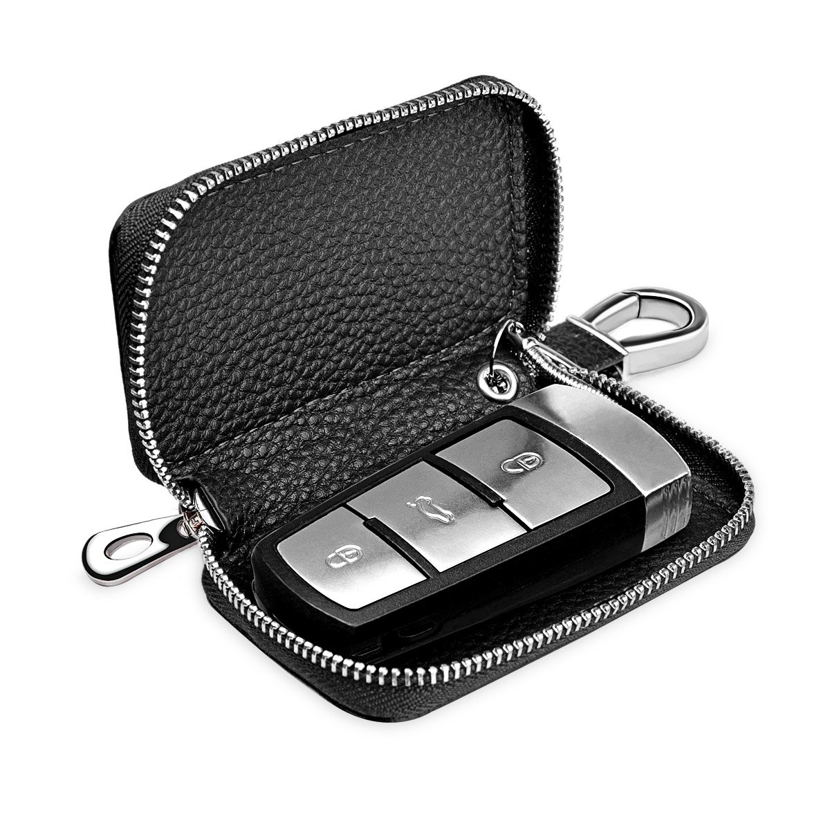 Buffway Car Key case,Genuine Leather Car Key Chain Keychain Holder Metal Hook and Keyring Zipper Bag for Remote Key Fob - Black