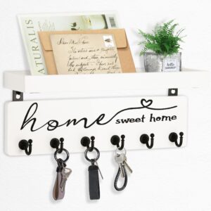 ikviier key holder for wall decorative made of pine, key rack for wall with shelf, key hook for wall with 6 metal hooks, farmhouse mail and key holder for wall (c-white 02)