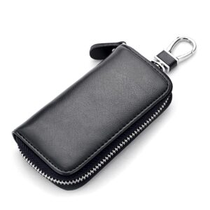 westonetek unisex mens womens premium leather car key holder bag keychain case wallet with 6 hooks zipper closure, black