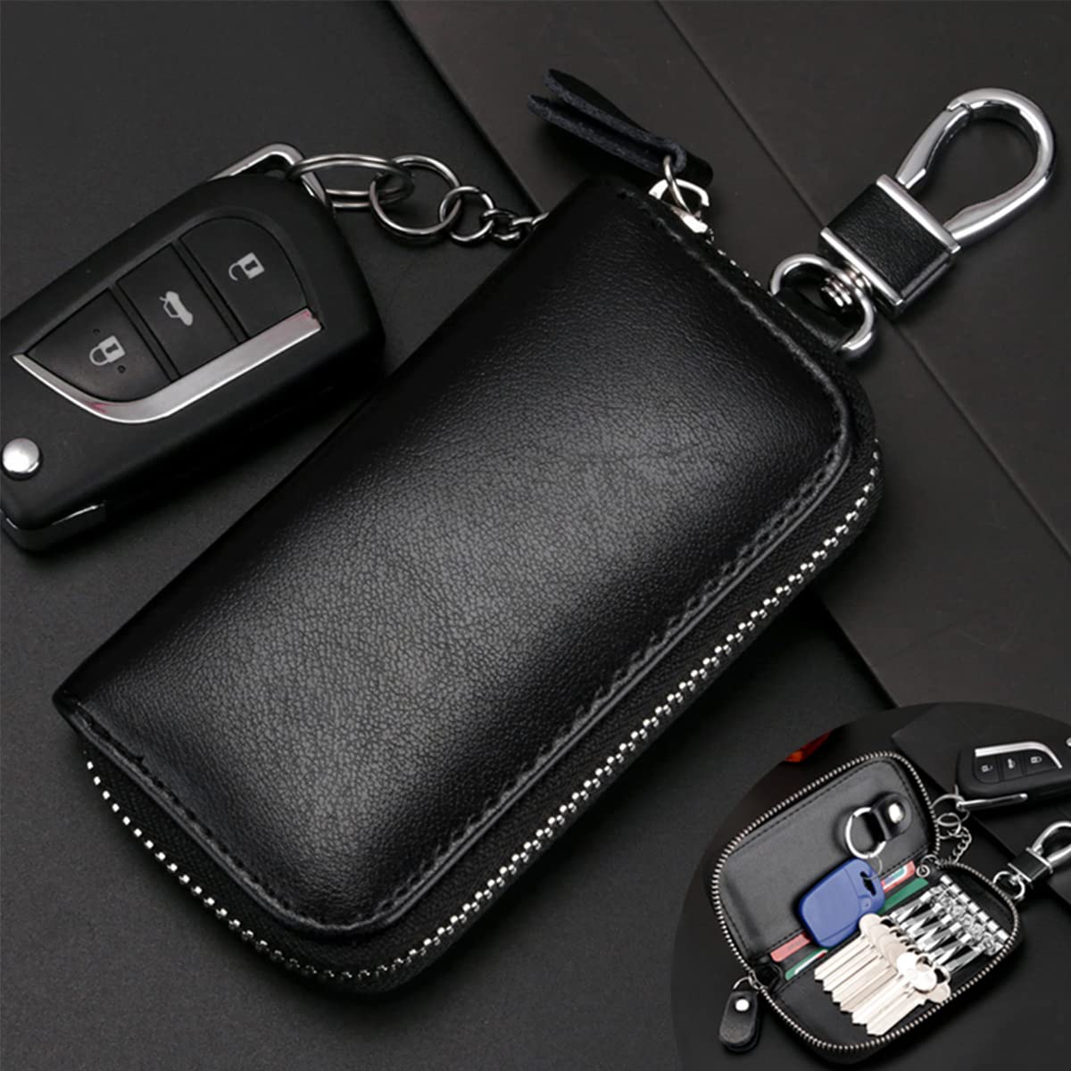 WESTONETEK Unisex Mens Womens Premium Leather Car Key Holder Bag Keychain Case Wallet with 6 Hooks Zipper Closure, Black