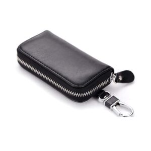 WESTONETEK Unisex Mens Womens Premium Leather Car Key Holder Bag Keychain Case Wallet with 6 Hooks Zipper Closure, Black