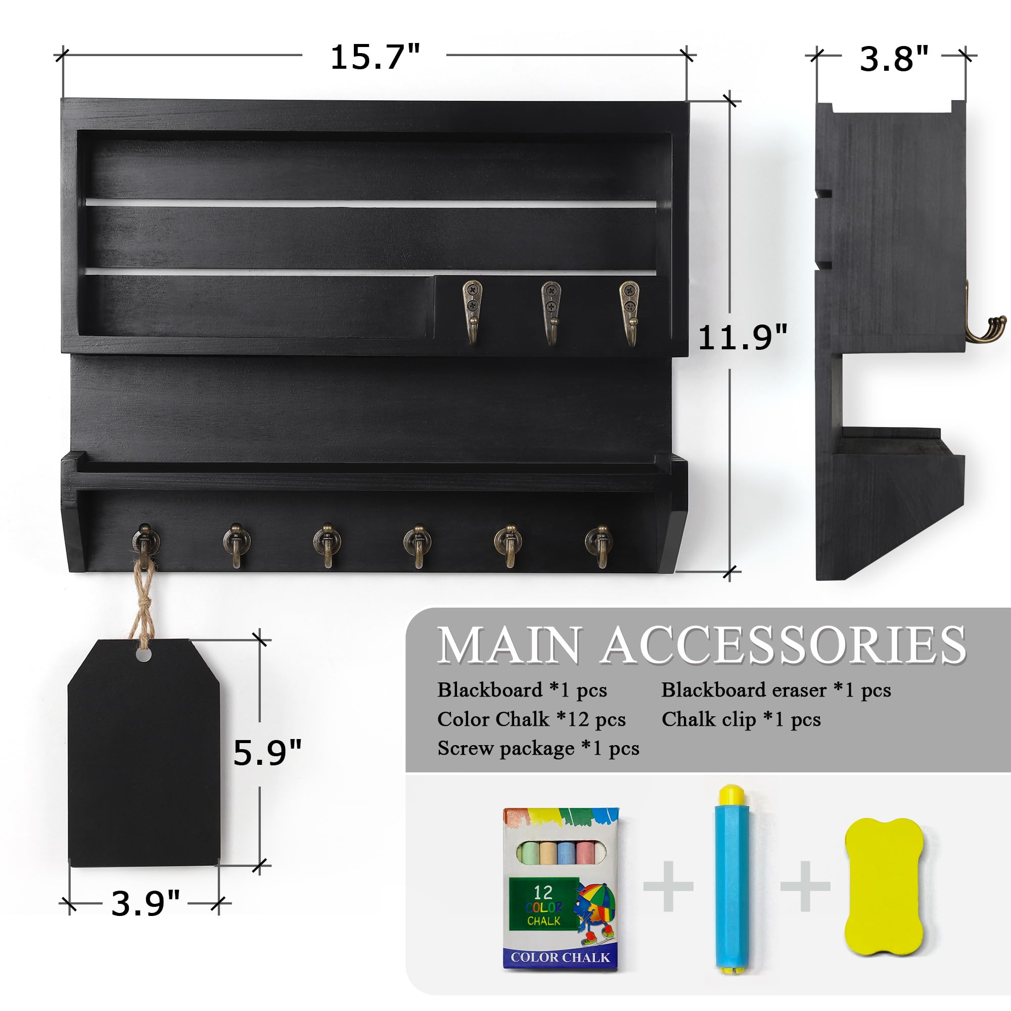 Innovation Key and Mail Holder for Wall, Key Mail Holder for Wall, Key and Mail Rack for Rustic Home Decor, Mail Holder with Key Hooks, Luxury Black Plus