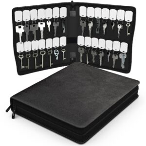 portable zippered key case, leather key organizer, key binder with 28 velcro key tags, portable manager & landlord key book, zipper key case for real estate sales, hotels, car service (black)