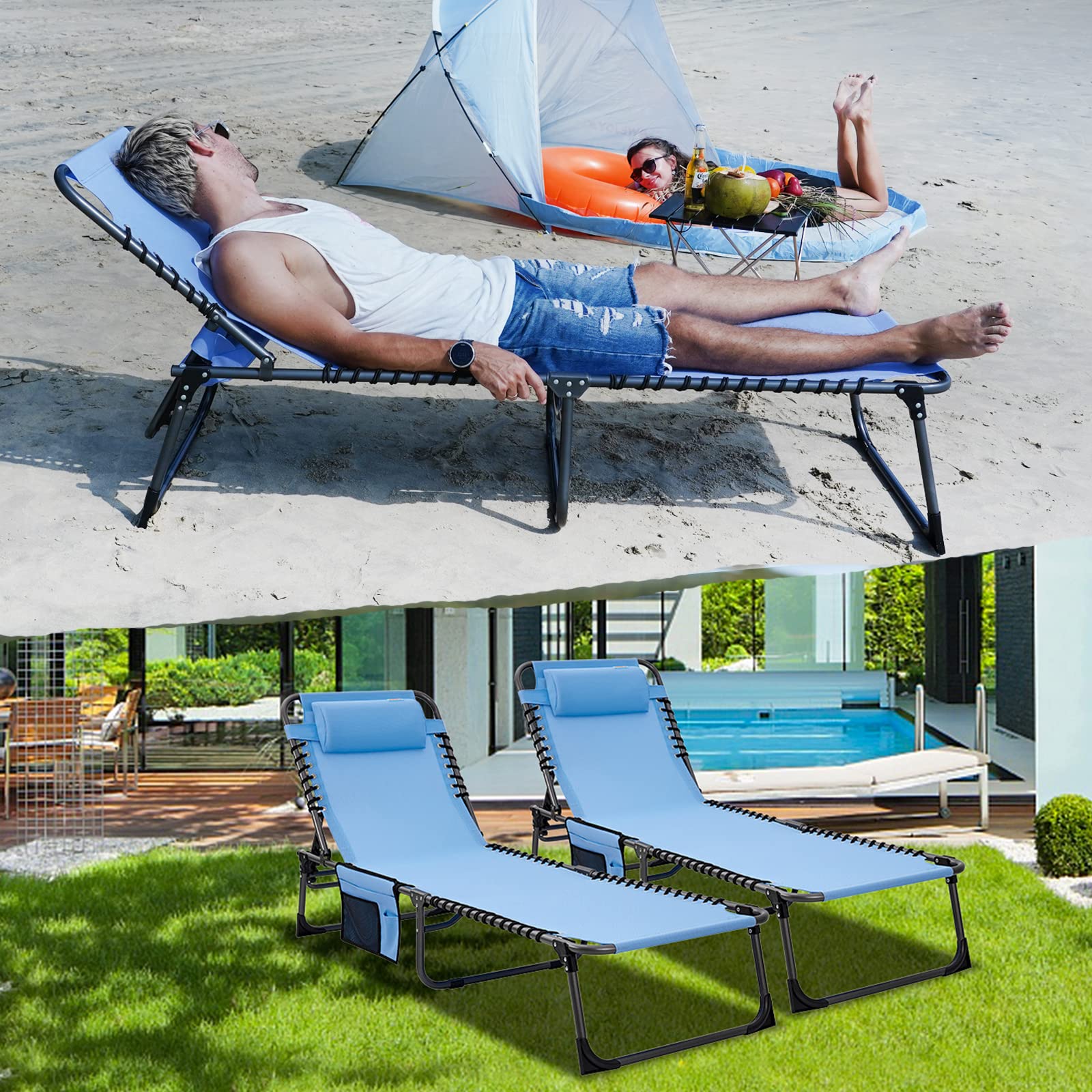 #WEJOY Outdoor Lounge Chairs Portable Chaise Lounge Chair for Outside Lawn Chairs Folding Lounge Chair Lightweight Adjustable 4-Position Trifold Beach Lounge Chair Heavy Duty Lounger Patio Sun Tanning