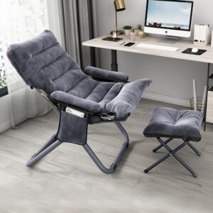 modern lazy chair with ottoman, folding lounge reclining sofa chair with armrest comfy lounge chair leisure chair with side pocket for bedroom, balcony, living room, office, grey