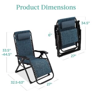 Best Choice Products Oversized Zero Gravity Chair, Folding Outdoor Patio Recliner, XL Anti Gravity Lounger w/Removable Cushion, Cup Holder, Side Tray, 350lb Capacity - Graphite Blue