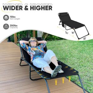 EZCHEER Oversize Folding Chaise Lounge Outdoor, 16 inch Extra High Patio Camping Sunbathing Recliner, Support 350lbs Lay Flat Pool Beach Lawn Chair with Storage Bag, Black