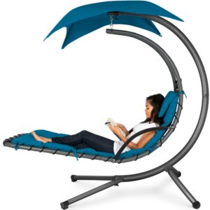 best choice products outdoor hanging curved steel chaise lounge chair swing w/built-in pillow and removable canopy - peacock blue