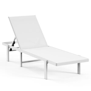 aluminum chaise lounge chair outdoor, patio lounge chair with adjustable 5-position recliner and full flat tanning chair for patio, beach, pool, white