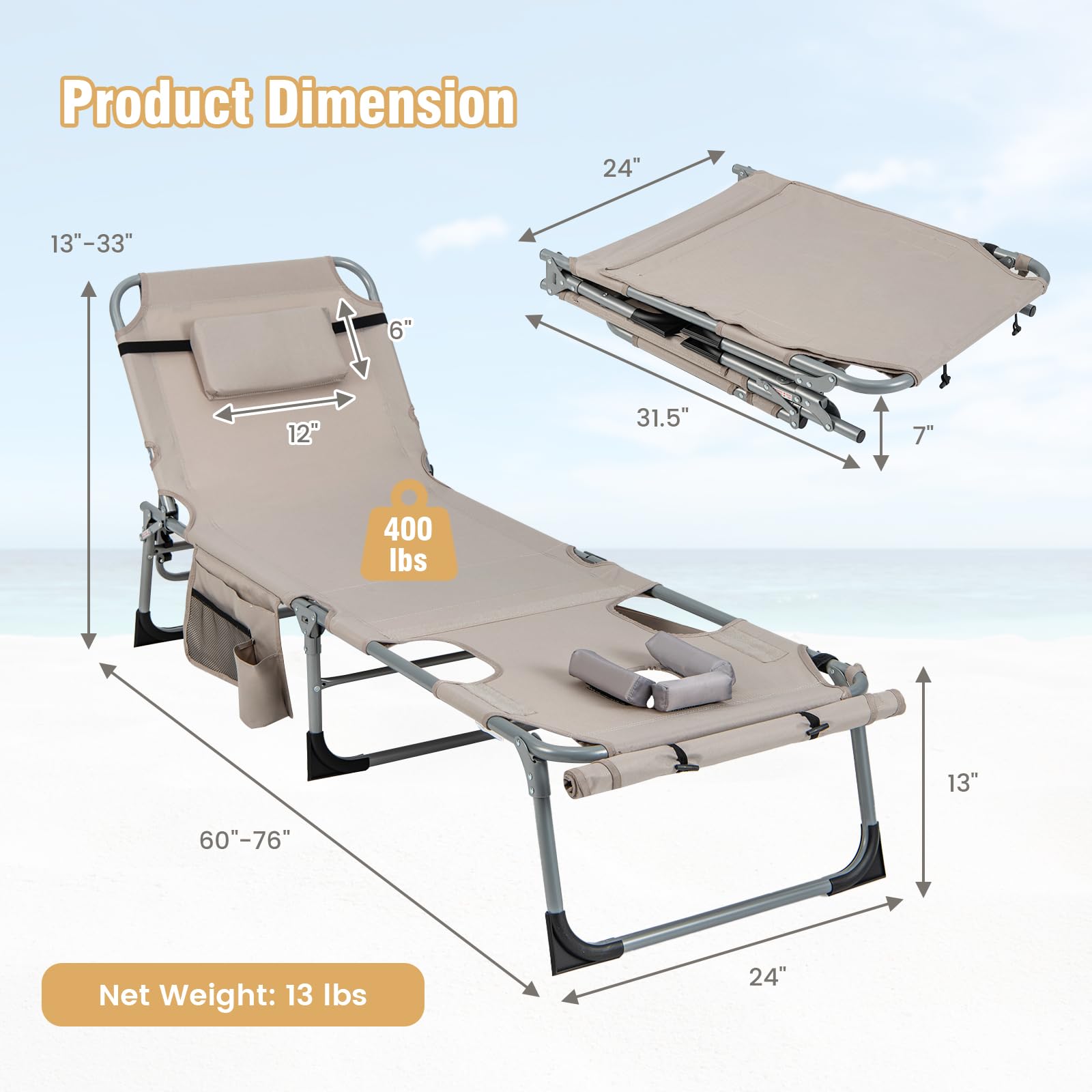 Giantex Tanning Chair, 5-Position Adjustable Beach Chair with Face & Arm Hole, Hand/Shoulder Strap, Removable Pillow, Side Pocket, 400 Lbs Capacity, Sunbathing Chair, Lounge Chair Outdoor (1, Beige)