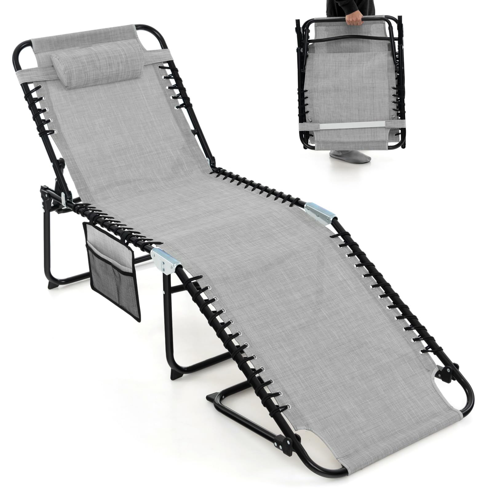 Giantex Patio Lounge Chairs for Outside - Folding Tanning Chair w/Headrest, 4 Adjustable Positions, Side Pocket, Outdoor Chaise Lounge for Camping, Pool, Sunbathing Beach Chair, Grey