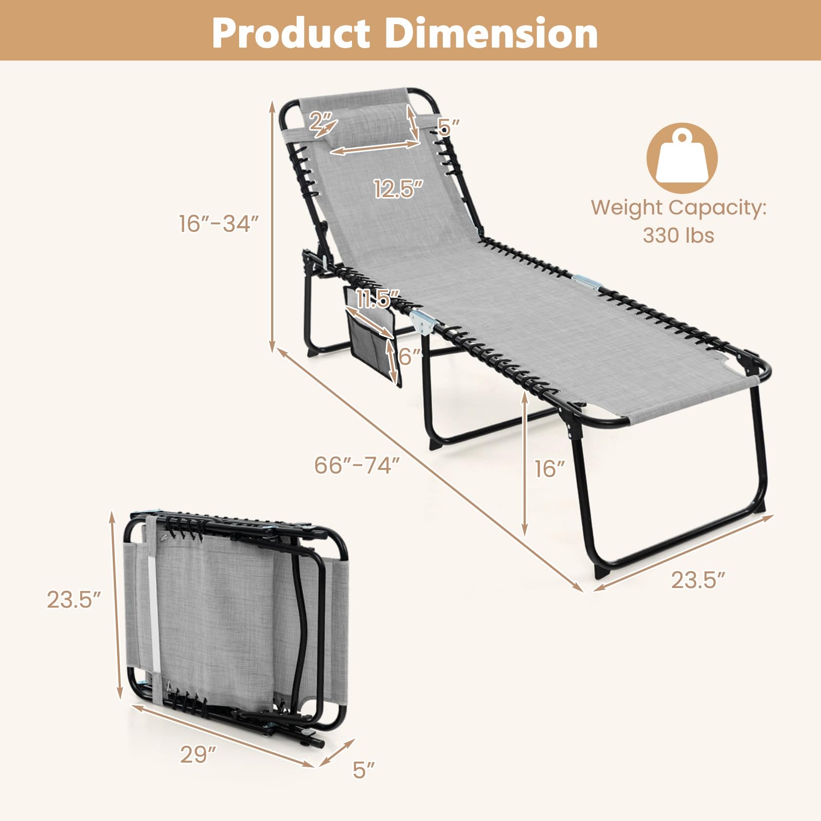 Giantex Patio Lounge Chairs for Outside - Folding Tanning Chair w/Headrest, 4 Adjustable Positions, Side Pocket, Outdoor Chaise Lounge for Camping, Pool, Sunbathing Beach Chair, Grey