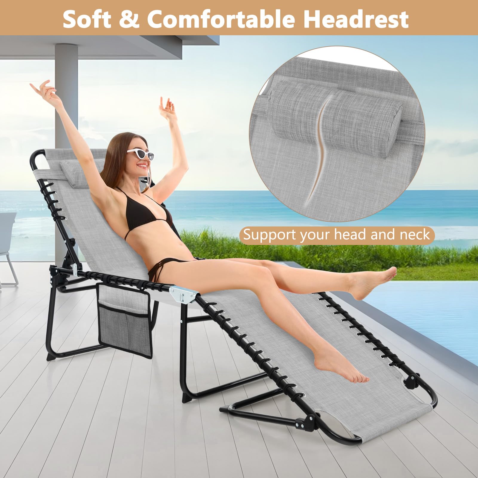 Giantex Patio Lounge Chairs for Outside - Folding Tanning Chair w/Headrest, 4 Adjustable Positions, Side Pocket, Outdoor Chaise Lounge for Camping, Pool, Sunbathing Beach Chair, Grey