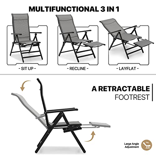 MoNiBloom 3 in 1 Lounge Chair Set of 2 Patio Folding Lawn Lounge Chairs Outdoor Lounge High Back Chair Camp Reclining Lounge Chair with Retractable Footrest for Poolside Backyard, 300lbs Capacity