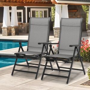 MoNiBloom 3 in 1 Lounge Chair Set of 2 Patio Folding Lawn Lounge Chairs Outdoor Lounge High Back Chair Camp Reclining Lounge Chair with Retractable Footrest for Poolside Backyard, 300lbs Capacity