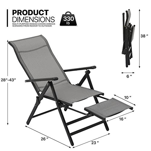 MoNiBloom 3 in 1 Lounge Chair Set of 2 Patio Folding Lawn Lounge Chairs Outdoor Lounge High Back Chair Camp Reclining Lounge Chair with Retractable Footrest for Poolside Backyard, 300lbs Capacity