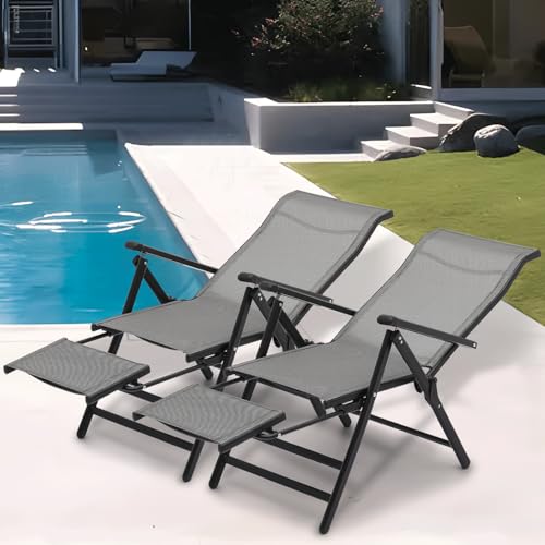 MoNiBloom 3 in 1 Lounge Chair Set of 2 Patio Folding Lawn Lounge Chairs Outdoor Lounge High Back Chair Camp Reclining Lounge Chair with Retractable Footrest for Poolside Backyard, 300lbs Capacity