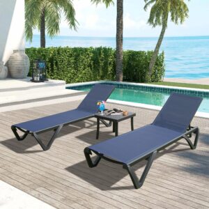 domi pool lounge chairs, aluminum patio chaise lounge with side table, wheels, 5 position adjustable, outdoor lounge chairs for beach, yard, balcony, poolside, navy blue