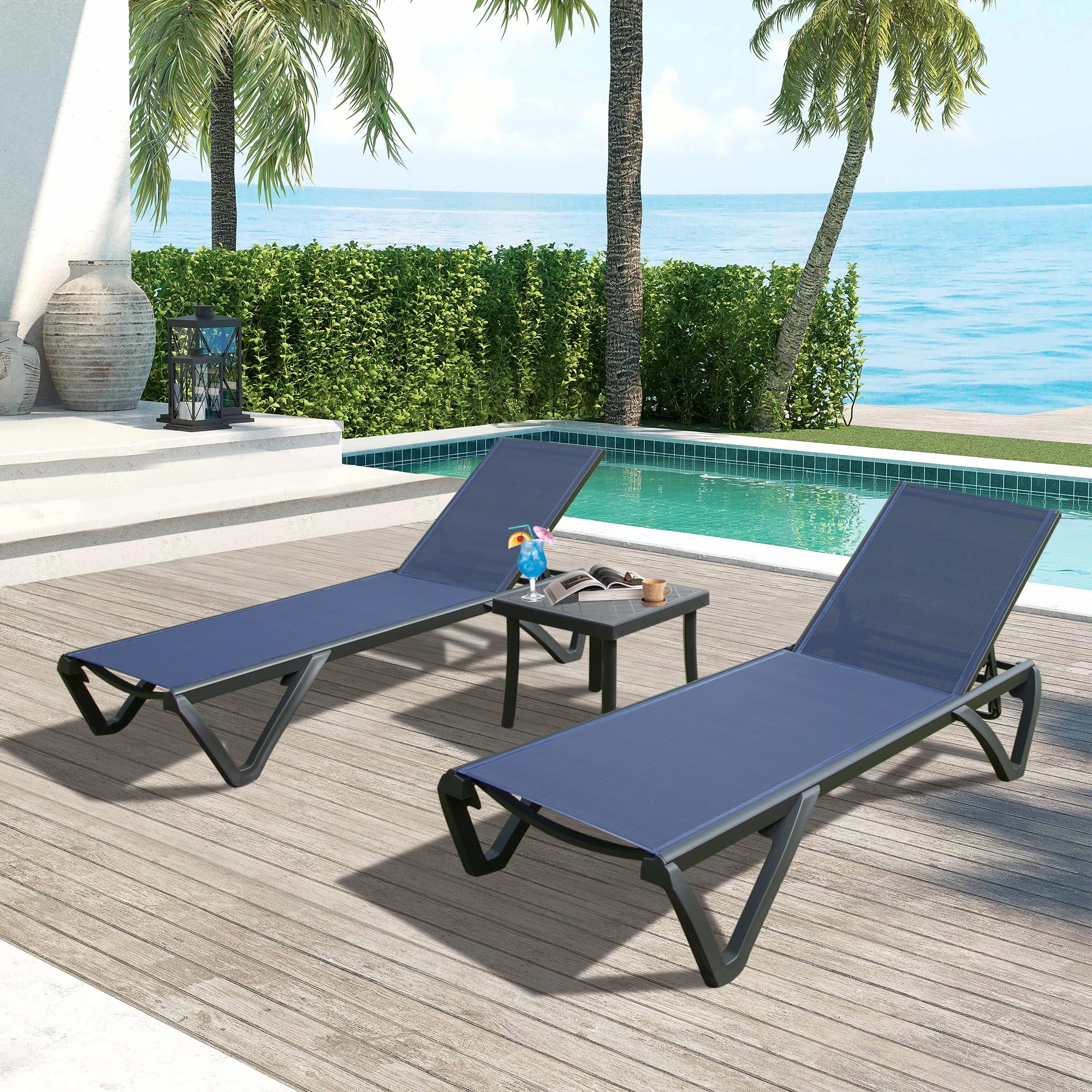 Domi Pool Lounge Chairs, Aluminum Patio Chaise Lounge with Side Table, Wheels, 5 Position Adjustable, Outdoor Lounge Chairs for Beach, Yard, Balcony, Poolside, Navy Blue