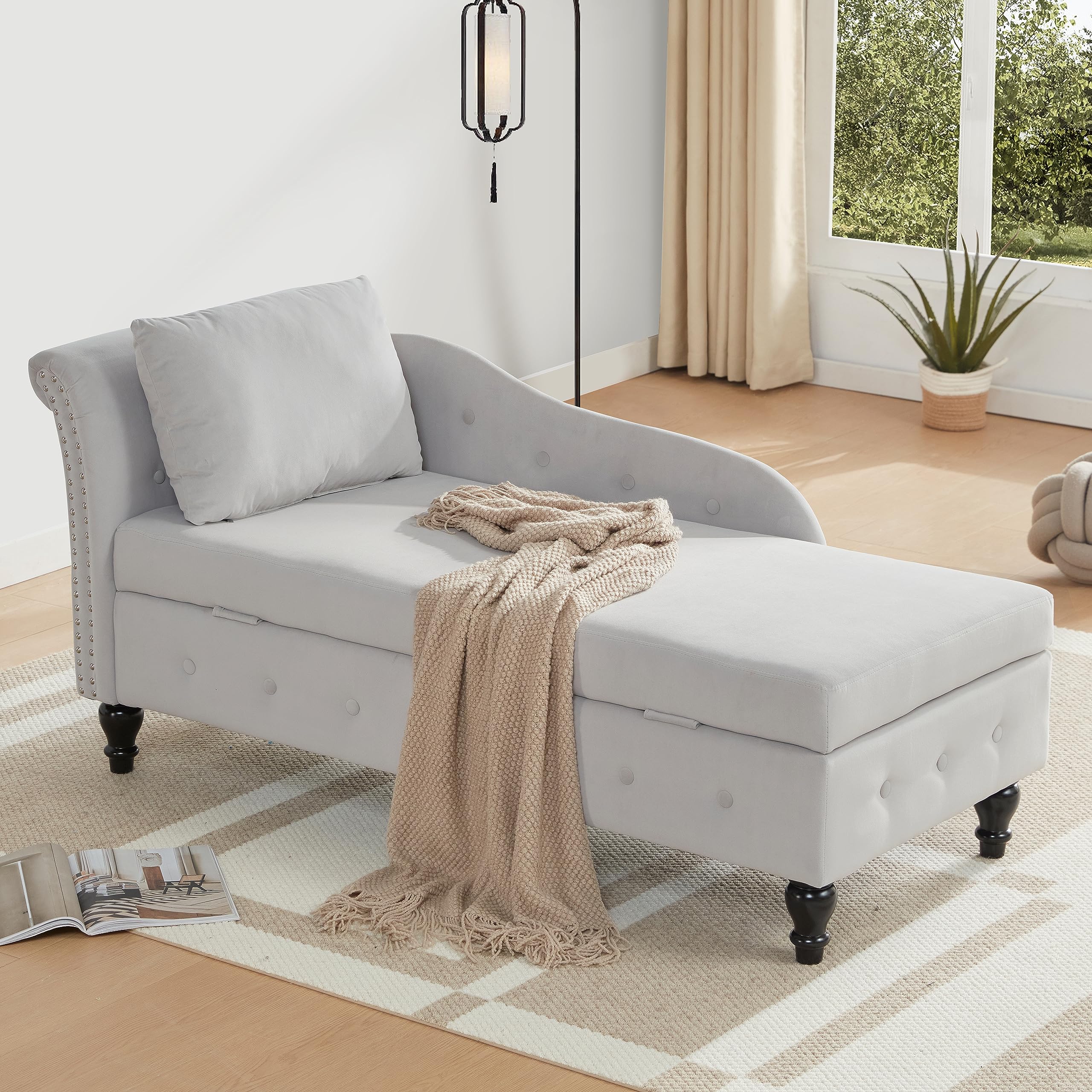 Iroomy Chaise Lounge Indoor with Storage, Modern Nailhead-Trimmed Tufted Lounge Chair, Upholstered Chaise Lounges Couch with Pillow for Living Room, Bedroom, Office, Light Grey, Left Armrest