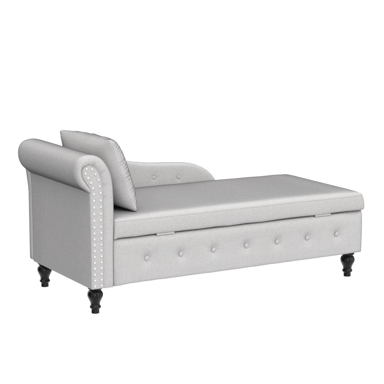 Iroomy Chaise Lounge Indoor with Storage, Modern Nailhead-Trimmed Tufted Lounge Chair, Upholstered Chaise Lounges Couch with Pillow for Living Room, Bedroom, Office, Light Grey, Left Armrest