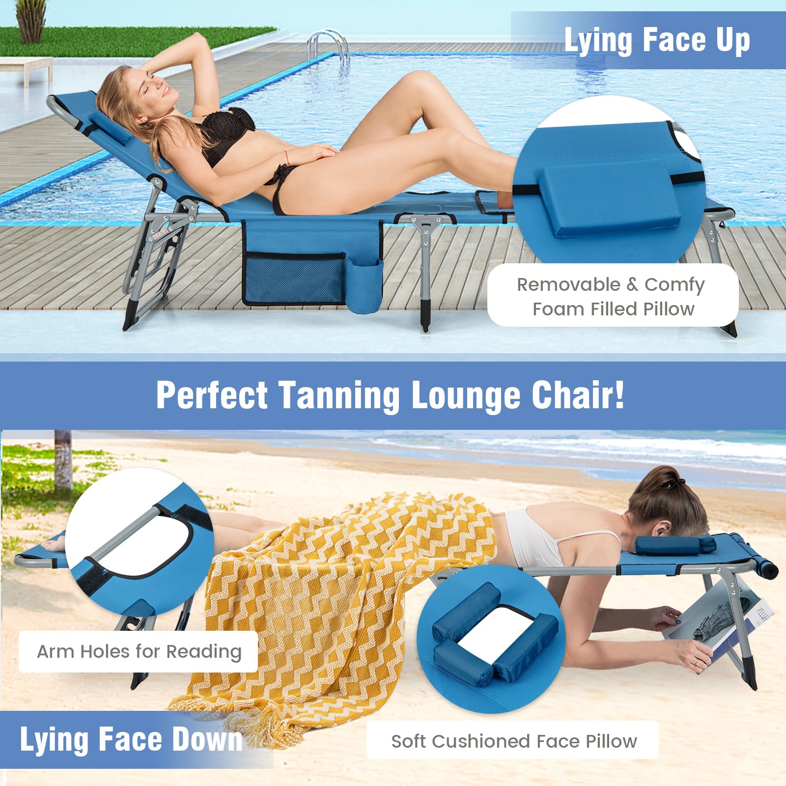 GYMAX Lounge Chair for Outside, 400 LBS Tanning Chair with Face/Arm Hole, Adjustable Backrest & Hand Shoulder Strap, Sunbath Beach Chaise Lounge for Outdoor, Backyard, Poolside (1, Blue)