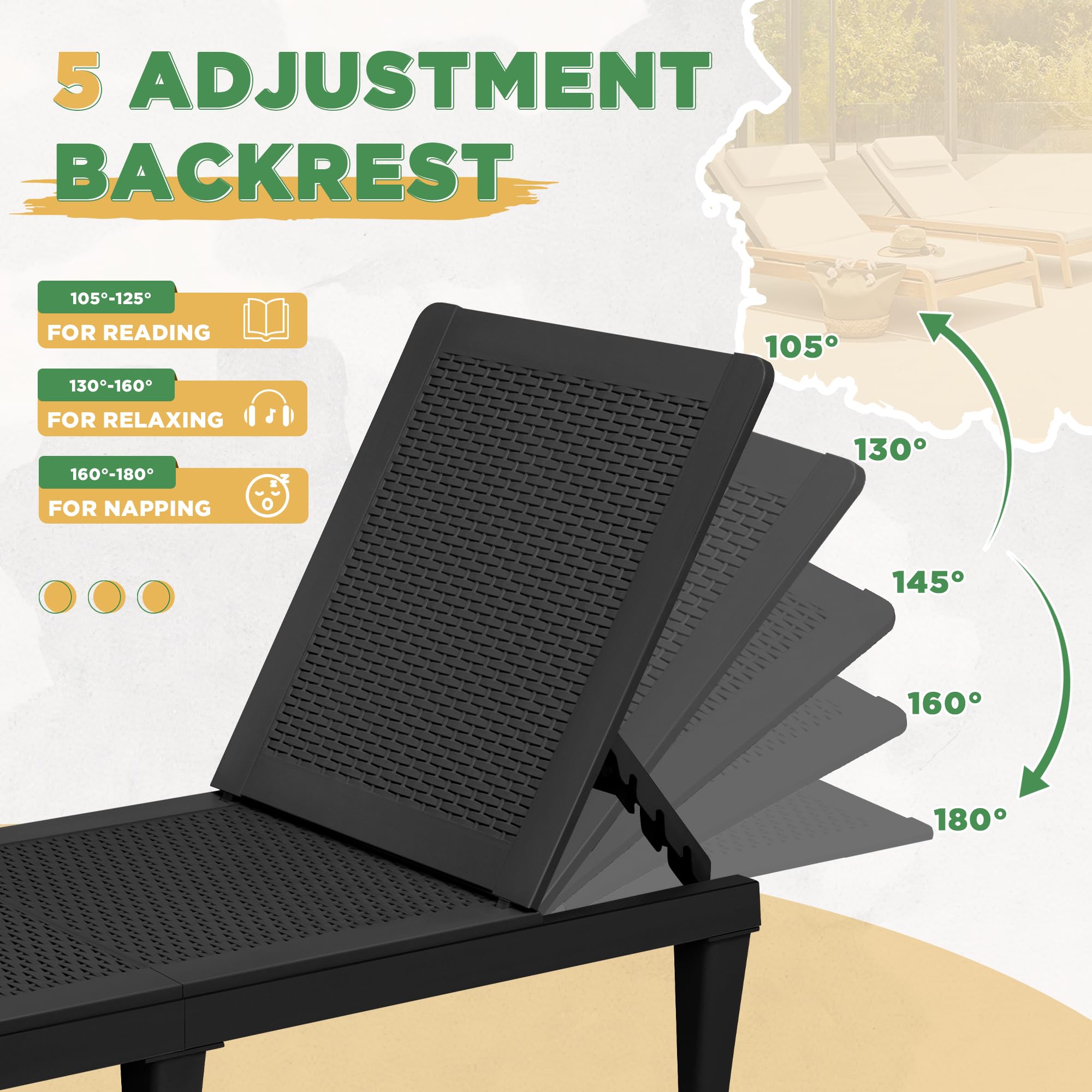 Greesum Outdoor Chaise Lounge Chairs Set of 2 with Adjustable Backrest, Waterproof PE Easy Assembly, Lightweight for Patio, Poolside, Beach, Yard, Black