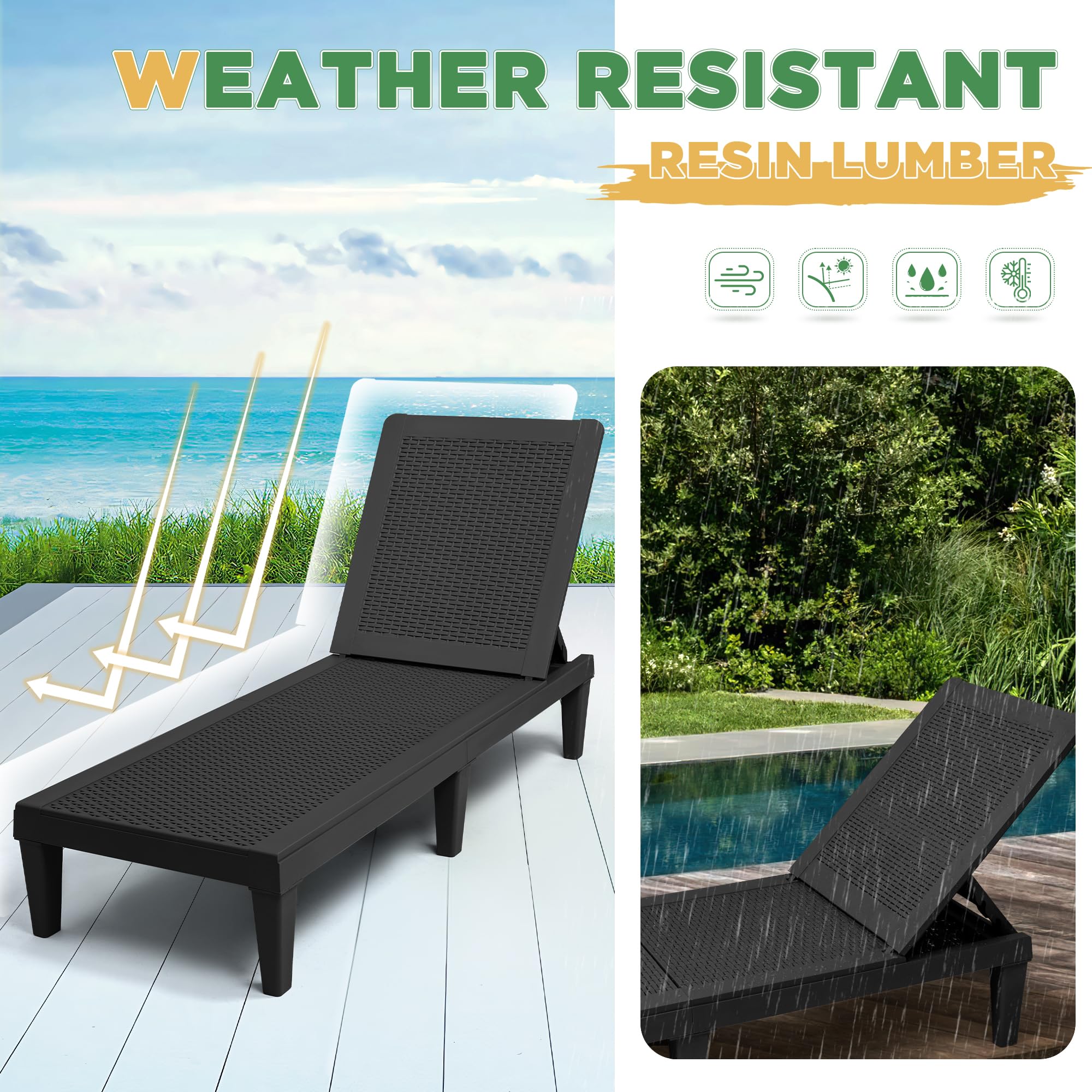 Greesum Outdoor Chaise Lounge Chairs Set of 2 with Adjustable Backrest, Waterproof PE Easy Assembly, Lightweight for Patio, Poolside, Beach, Yard, Black