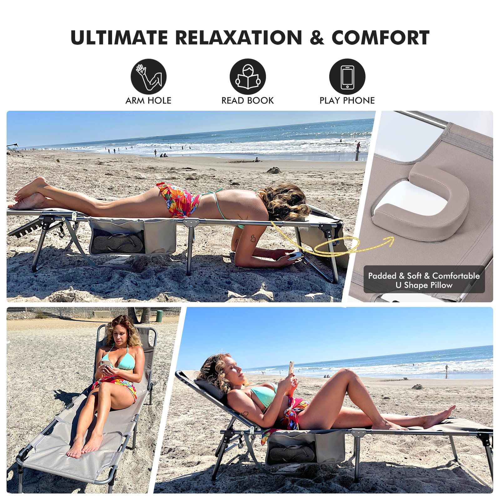 Tanning Chair with Face Hole, Folding Chaise Lounge Chair, Heavy Duty Outside Lay Flat Portable Face Down Tanning Chair with Arm Hole for Reading Beach Poolside Patio Sunbathing Lawn Camping, 300LBS