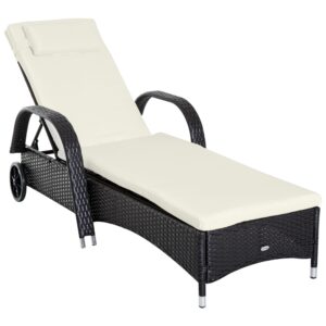 outsunny wicker outdoor chaise lounge, 5-level adjustable backrest pe rattan pool lounge chair with wheels, cushion & headrest, dark coffee and cream white