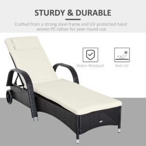 Outsunny Wicker Outdoor Chaise Lounge, 5-Level Adjustable Backrest PE Rattan Pool Lounge Chair with Wheels, Cushion & Headrest, Dark Coffee and Cream White