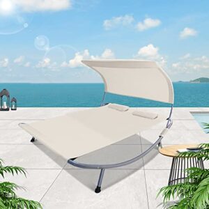 qzen double chaise lounge bed outdoor with canopy, headrest pillow and wheels, protable outdoor lounge chair for pool, beach, backyard, lawn, garden, (beiqe)