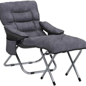 Lazy Chair with Ottoman, Foldable Modern Lounge Chair with Footrest & Armrest, Reclining Leisure Sofa Armchair Cozy Reading Chair for Bedroom/Office/Hosting/Living Room/Dorm Rooms/Garden, Grey