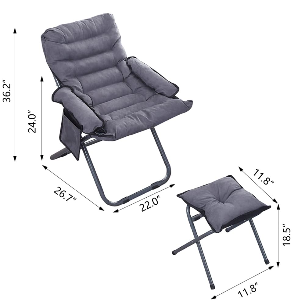 Lazy Chair with Ottoman, Foldable Modern Lounge Chair with Footrest & Armrest, Reclining Leisure Sofa Armchair Cozy Reading Chair for Bedroom/Office/Hosting/Living Room/Dorm Rooms/Garden, Grey