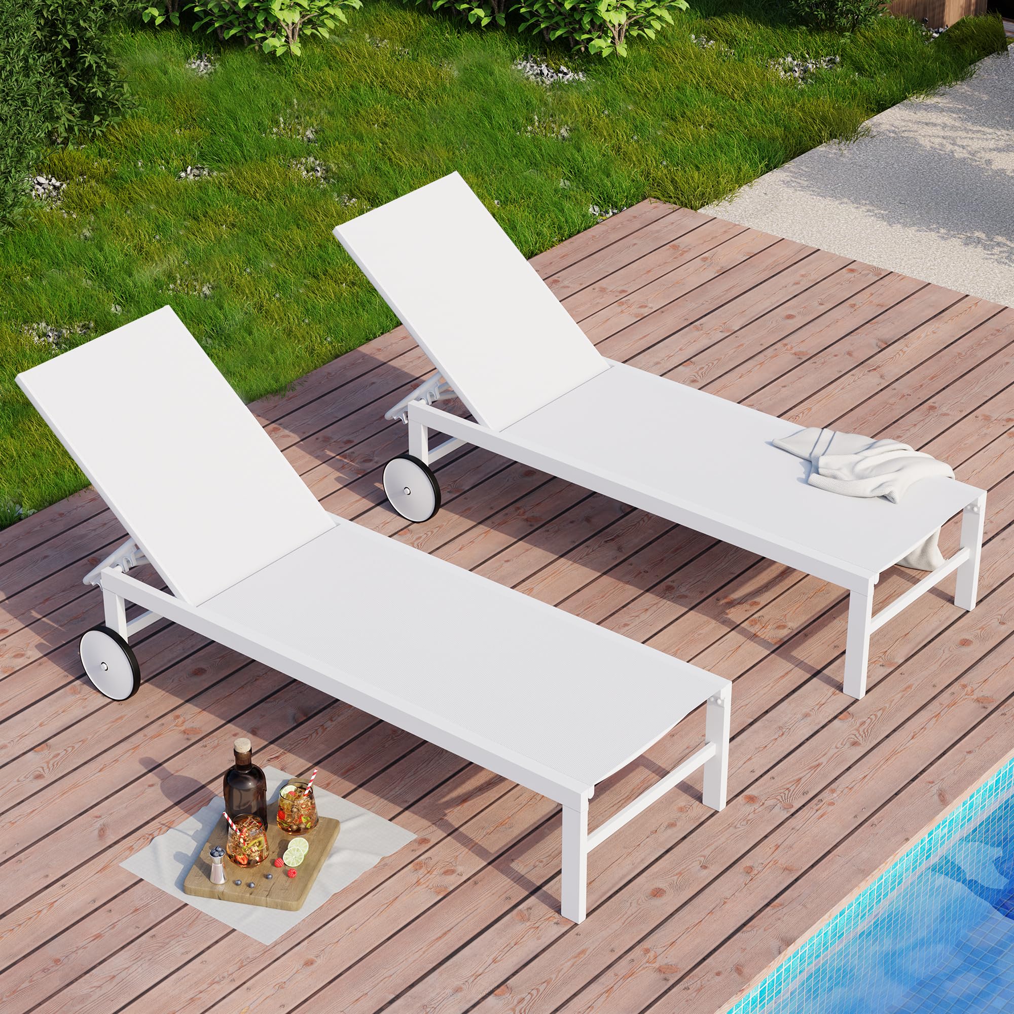 SUNLEI Patio Chaise Lounge Outdoor Set of 2, Pool Lounge Chairs for Outside w/5-Position Adjustable Backrest & All Weather, Tanning Recliner Chair for Pool Beach Deck (White, 2 Pieces)