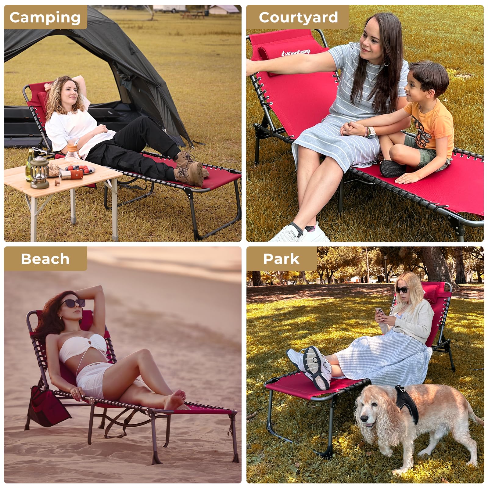 KingCamp Wine 5-Position Adjustable Patio Lounge Chair, Folding Tanning Chair for Lawn, Beach, Pool and Sunbathing, Portable Heavy-Duty Camping Reclining Chair with Pillow